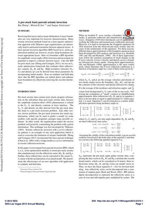 Pdf A Pre Stack Basis Pursuit Inversion