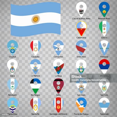 24 플래그 아르헨티나의 지방 이름 알파벳 순서 아르헨티나 국기 지방과 같은 2d 지리적 위치 표지판 세트 디자인에 대한 스물 네 개의 2d 지리적 위치 표지판 Eps10