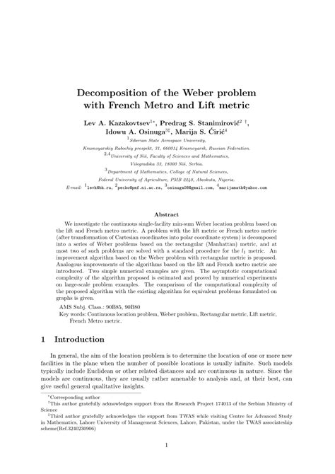 Pdf Single Facility Weber Location Problem Based On The Lift Metric