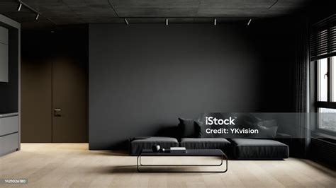 소파 커피 테이블 및 장식이있는 블랙 컨템포러리 미니멀리스트 인테리어 3d 렌더링 일러스트 모형 로비 건축물 특징에 대한 스톡 사진 및 기타 이미지 Istock