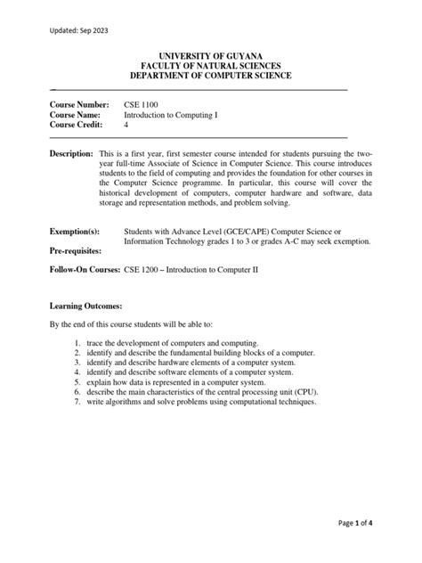 Cse 1100 Course Outline 2023 Pdf Computing Computer Science