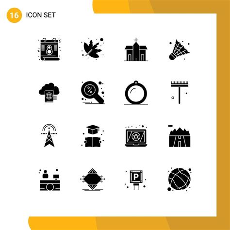 Editable Vector Line Pack Of 16 Simple Solid Glyphs Of Upload Reading Church Cloud Camping
