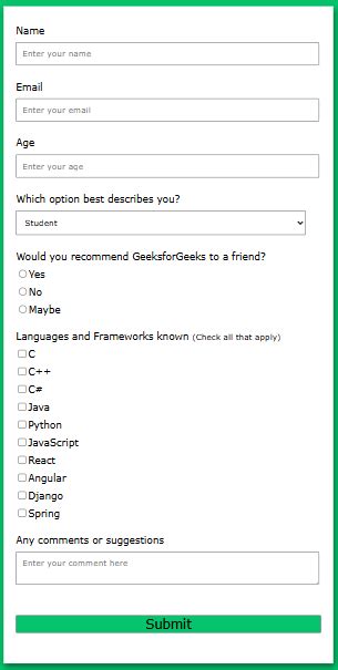 Build A Survey Form Using Html And Css Geeksforgeeks