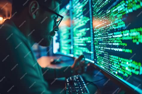 Premium Photo Man Programmer Code On Computer Screen With