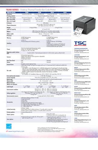 Tsc Barcode And Label Printers Print Speed 300dpi Max Print Width 2