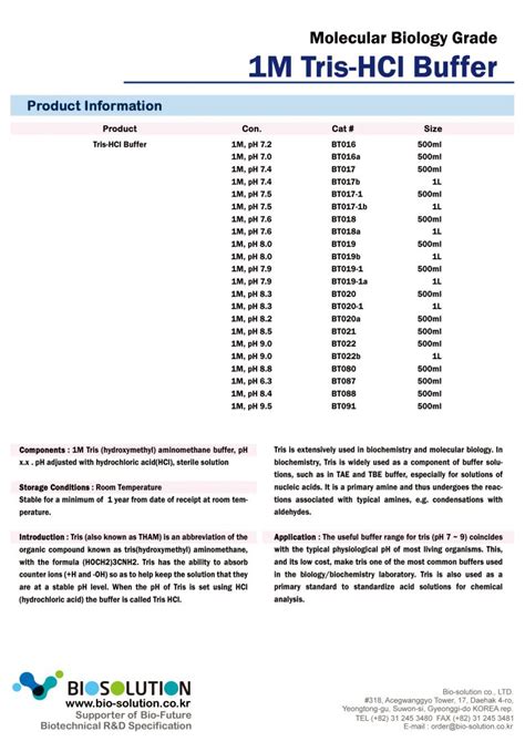 [bt088] 1m Tris Hcl Ph 8 4 All Product One Day Service Biosolution