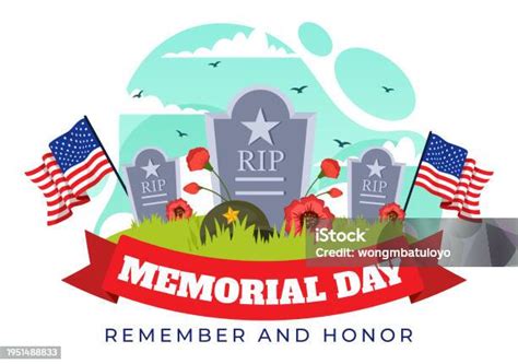 기억하고 명예 벡터 일러스트 레이 션의 현충일 미국 국기와 리본 에 공로 군인 에 플랫 만화 배경 공휴일에 대한 스톡 벡터 아트 및 기타 이미지 Istock