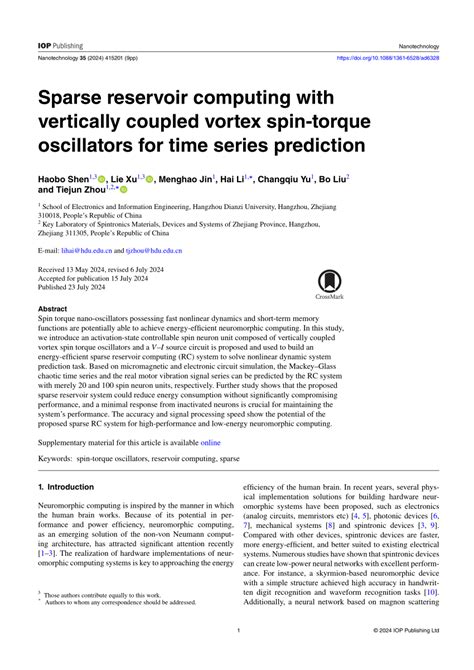 Sparse Reservoir Computing With Vertically Coupled Vortex Spin Torque Oscillators For Time