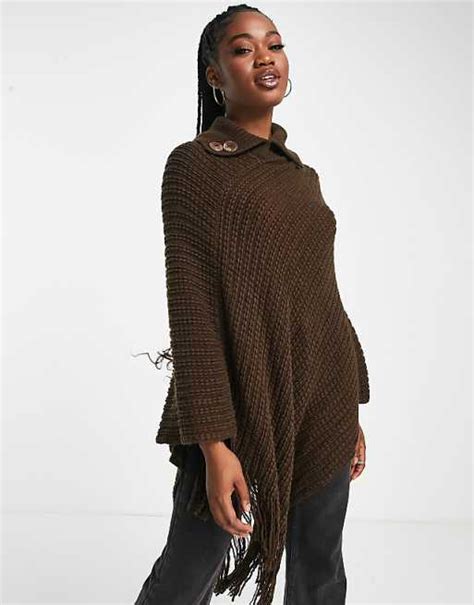 Qed London Fringe Trim Poncho In Chocolate Brown Asos