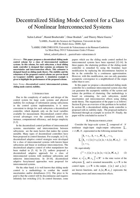 Pdf Decentralized Sliding Mode Control For A Class Of Nonlinear