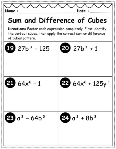Factoring Polynomials Sum And Difference Of Cubes Worksheet Algebra