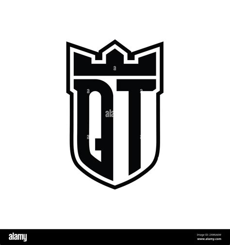 Qt Letter Logo With Shield Shape With Geometric Crown Inside Black Outline On White Background