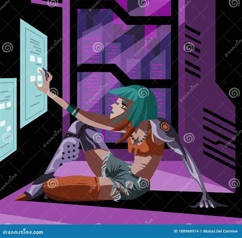 Cyberpunk Cyborg Hacker Girl With Interface Cyberspace Virtual Reality