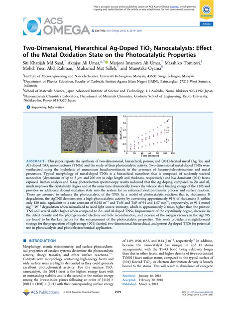 Pdf Two Dimensional Hierarchical Ag Doped Tio 2 Nanocatalysts Effect Of The Metal Oxidation