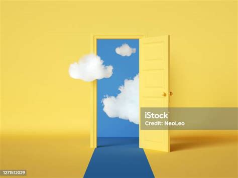 3d 렌더링 하얀 구름이 날아와 열린 문을 통과하며 밝은 노란색 배경에 격리된 오브젝트입니다 추상적 인 은유 현대 최소한의 개념 초현실적 인 꿈의 장면 구름에 대한 스톡