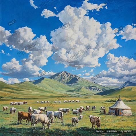 Ai创作图油画大草原 油画草原 阿拉善手绘阿拉善油画 内蒙风光装饰画 装饰画美丽草原我的家 内蒙风景画 巨幅草原风光 牧羊油画 新疆手绘新疆