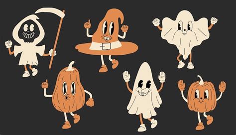 Premium Vector Set Of Halloween 30s Cartoon Mascot Character 40s 50s