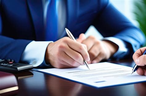 Premium Photo A Man In Formal Attire Signs A Document With A Pen On A Table