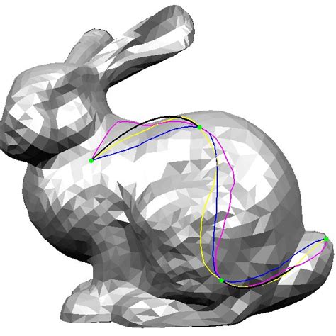 geodesic hermite spline curve in blue hermite spline curve in