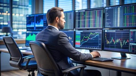 a man sits at a desk with a computer and a graph showing the financial