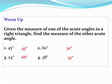 PPT Right Angle Trigonometry Warm Up Acute Angles Triangles PowerPoint Presentation ID