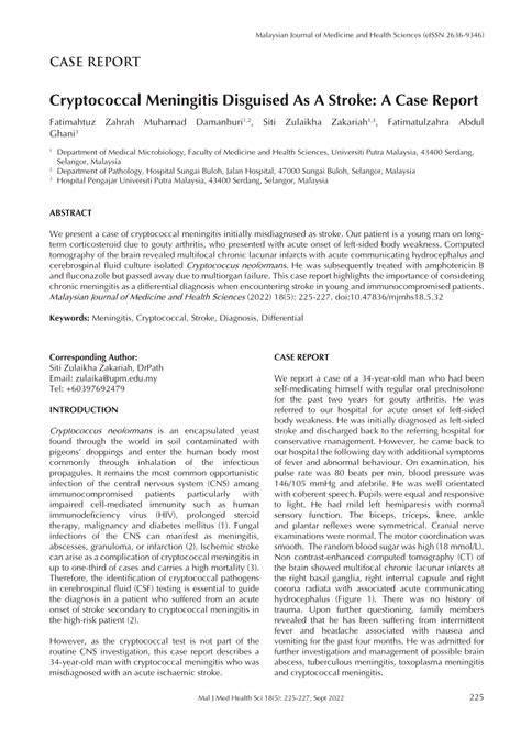 Pdf Cryptococcal Meningitis Disguised As A Stroke A Case Report