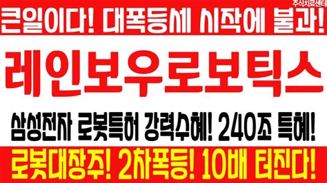 레인보우로보틱스 긴급속보특급정보주가전망 큰일났다 대폭등세 시작에 불과 삼성전자 로봇특허 강력수혜 240조 특혜 로봇대장주 2차폭등 10배