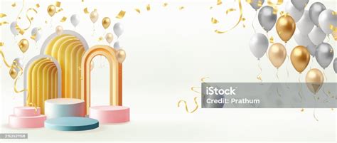 풍선과 색종이 조각이 있는 3d 연단 당신의 디자인을 위한 벡터 그림 3차원 형태에 대한 스톡 벡터 아트 및 기타 이미지 3차원 형태 가격 강단 Istock