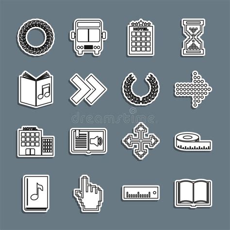 Set Line Open Book Tape Measure Dots Arrow Hotel Building Arrow Audio Laurel Wreath And