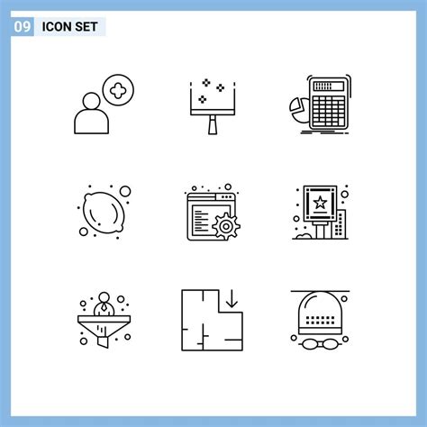 User Interface Pack Of 9 Basic Outlines Of Advertisement Gear Math Browser Food Editable Vector