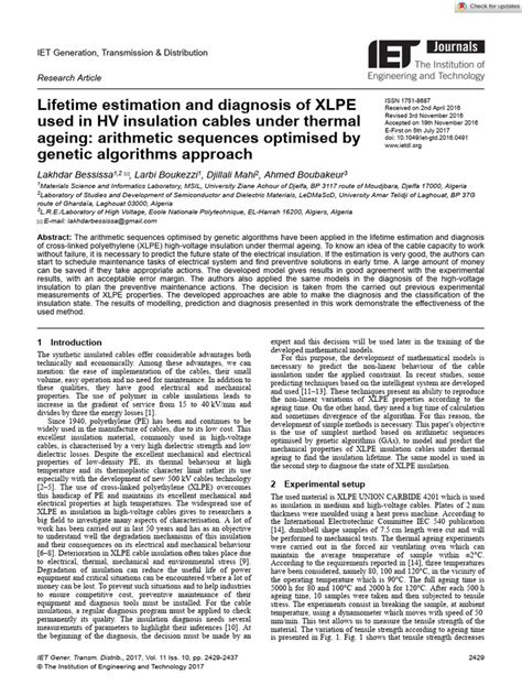 Iet Generation Trans Dist 2017 Bessissa Lifetime Estimation And Diagnosis Of Xlpe Used In