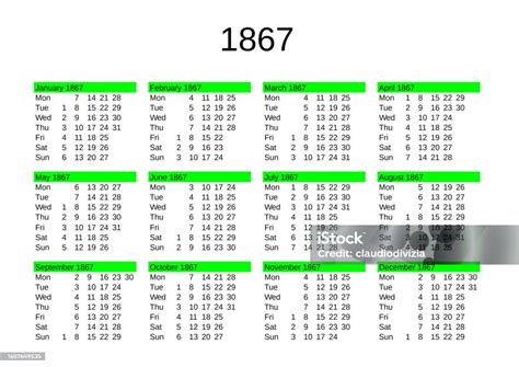 Year 1867 Calendar In English Stock Illustration Download Image Now 1860 1860 1869 1867