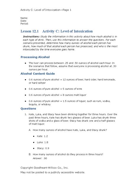 Level Of Intoxication Activity C Level Of IntoxicationPage 1 Name Date Period Lesson 12
