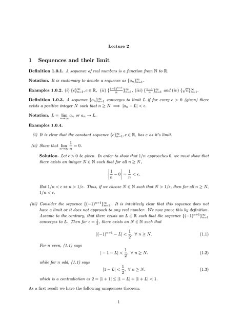 Lecture 2 Notes For Help It Is A Note Of Sequence Lecture 2 1 Sequences And Their Limit