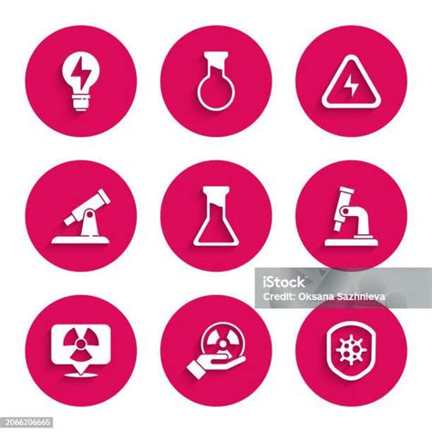 시험관과 플라스크 방사능 바이러스 현미경 위치 망원경 고전압 및 번개 아이콘이 있는 전구로부터 보호하는 방패를 설정합니다 벡터 가리키기에 대한 스톡 벡터 아트 및 기타