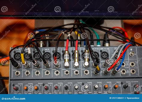 The Audio Jacks Are Connected To The Sound Mixer Wires And Cables At Music Studio Stock Image