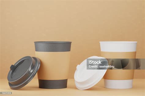 흑백의 재활용 가능한 흰색 종이컵 디자인을 위해 뚜껑 종이컵 모형을 엽니다 공예 골판지의 배경에 종이 머그잔 3d 렌더링 갈색에 대한 스톡 사진 및 기타 이미지 Istock