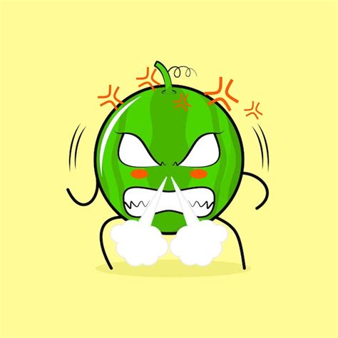 화난 표정의 귀여운 수박 캐릭터 코를 부는 연기 부풀어 오른 눈과 웃는 얼굴 프리미엄 벡터