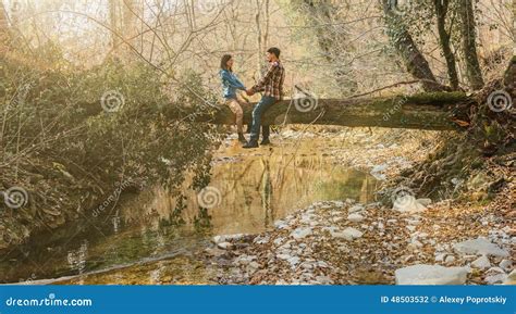Paare In Der Liebe Die Auf Baumstamm Im Wald Sitzt Stockfoto Bild