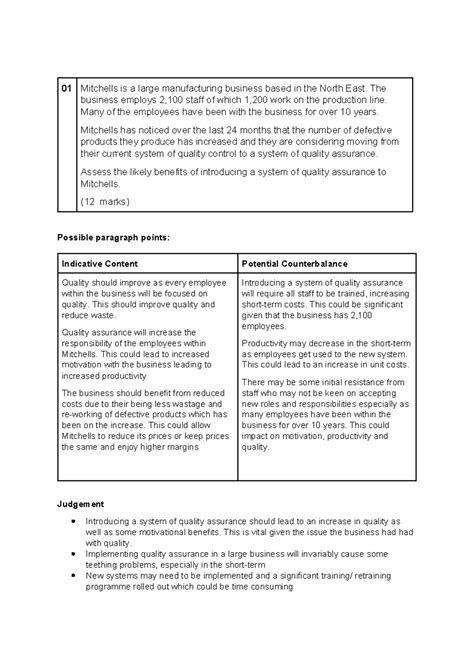Edexcel A Level Business 12 Mark Homework Activities 01 Mitchells Is A Large Manufacturing