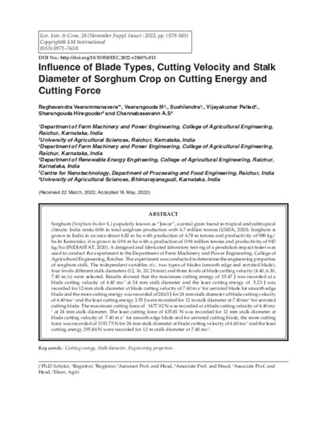 Pdf Influence Of Blade Types Cutting Velocity And Stalk Diameter Of
