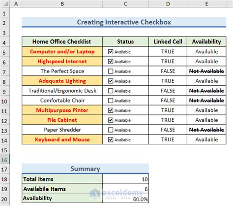 how to create an interactive checklist in excel easy steps