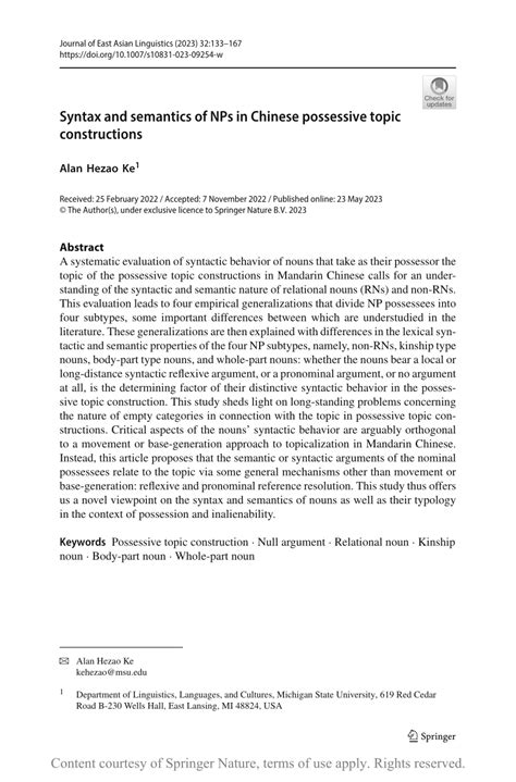 syntax and semantics of nps in chinese possessive topic constructions