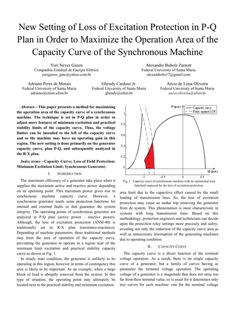 Pdf New Setting Of Loss Of Excitation Protection In P Q Plan In Order To Maximize The