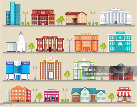 평면 다채로운 벡터 도시 건물 인포 그래픽 아이콘 배경 개념 디자인입니다 건축 건축 법원 집 박물관 마천루 병원 호텔 오페라