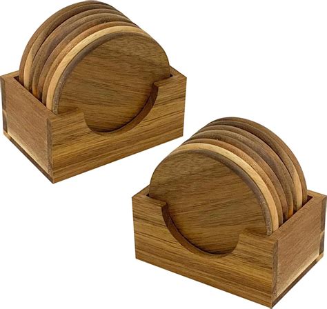 Acacia Wood Drink Coasters With Holder Two Sets Of 8