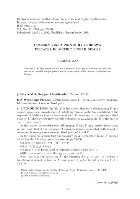 Pdf Common Fixed Points By Ishikawa Iterates In Metric Linear Spaces