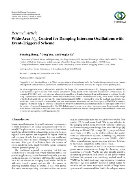Pdf Wide Area H∞ Control For Damping Interarea Oscillations With