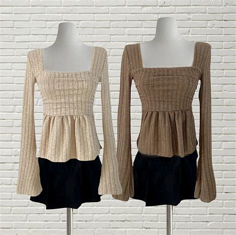 2컬러 스퀘어넥 티셔츠 나팔소매 여자 긴팔티