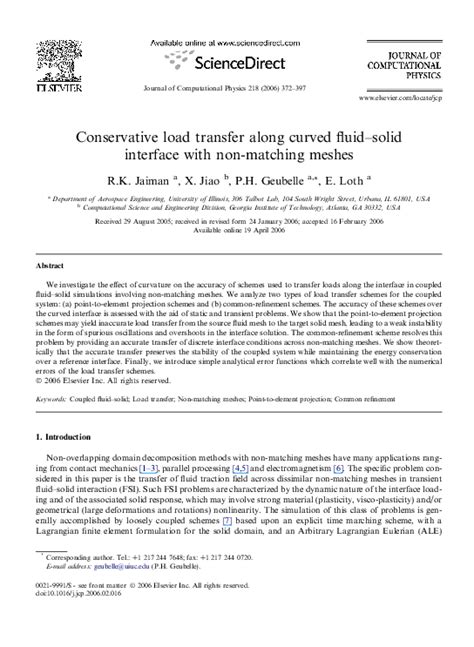 Pdf Conservative Load Transfer Along Curved Fluidsolid Interface With Non Matching Meshes